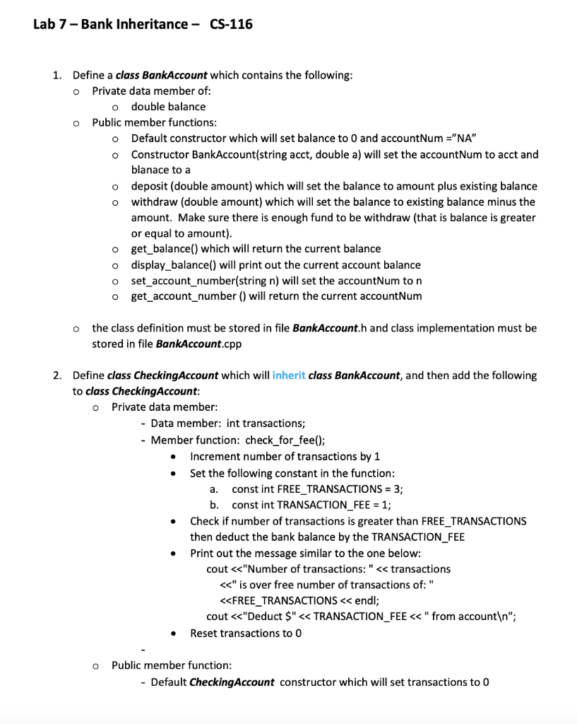 Solved Lab 7-Bank Inheritance - CS-116 O o o o 1. Define a | Chegg.com