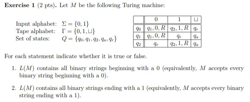 Solved Exercise 1 (2 pts). Let M be the following Turing | Chegg.com