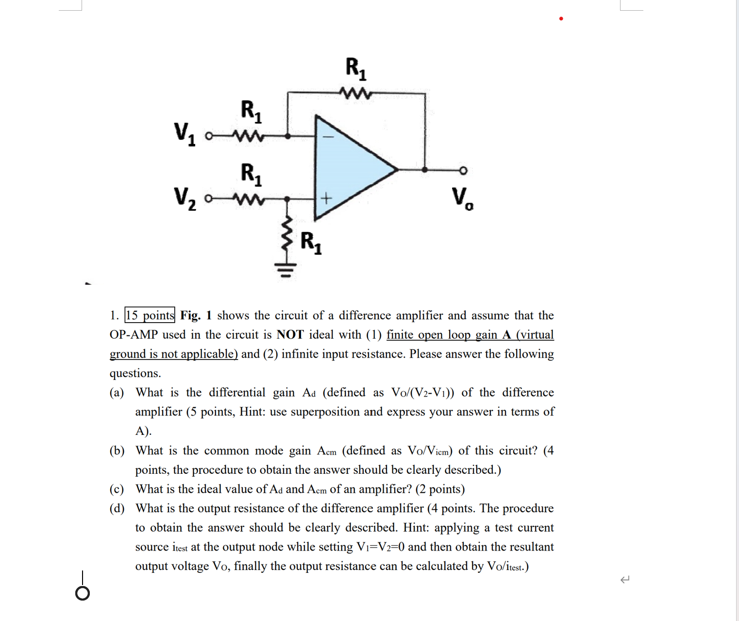 Solved 15 ﻿points Fig. 1 ﻿shows the circuit of ﻿a difference | Chegg.com