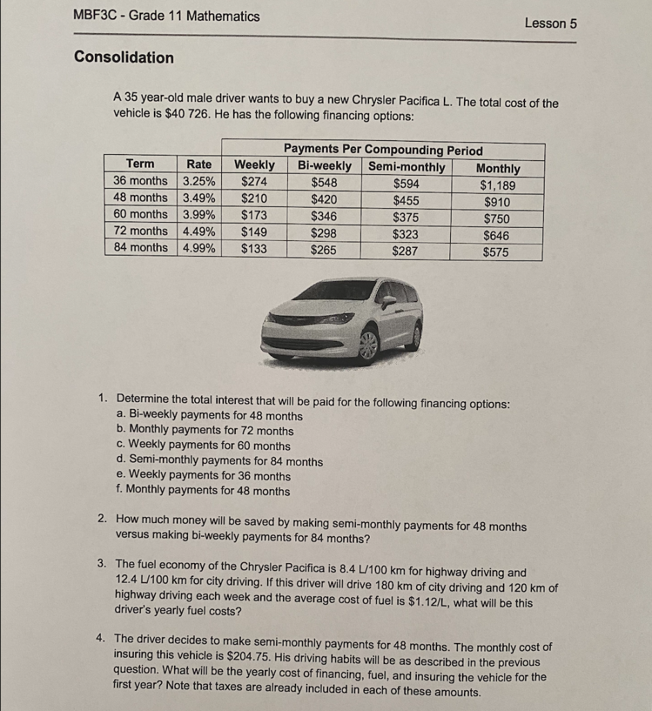 Solved MBF3C - Grade 11 Mathematics Lesson 5 Consolidation A | Chegg.com