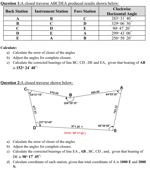 Solved Question 1:A closed traverse ABCDEA produced results | Chegg.com