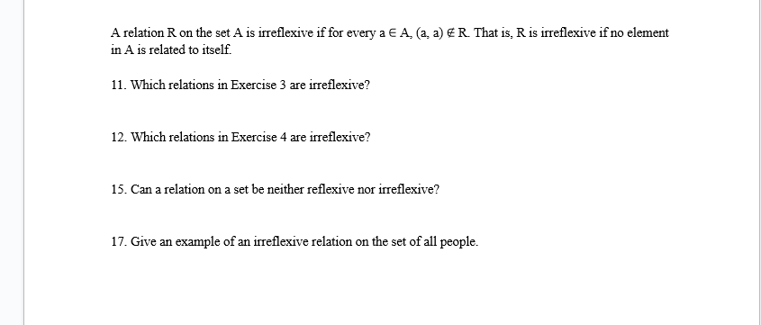 Solved A relation R on the set A is irreflexive if for every | Chegg.com