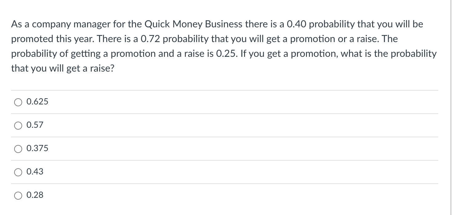 Solved As a company manager for the Quick Money Business | Chegg.com