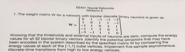 Solved 1. The weight matrix W for a network with bipolar | Chegg.com