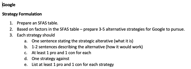Google Strategy Formulation 1. Prepare an SFAS table. | Chegg.com