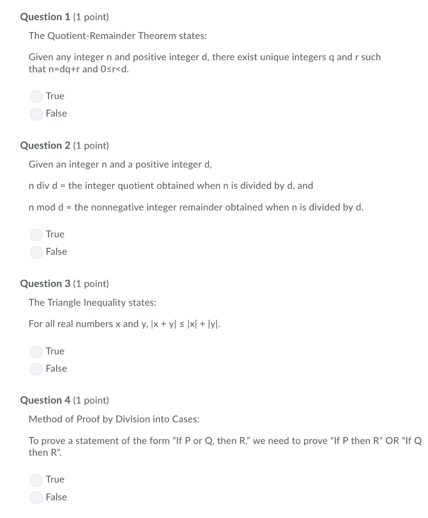 Solved Question 1 (1 point) The Quotient-Remainder Theorem | Chegg.com