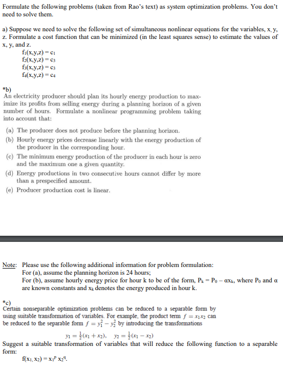 Solved Formulate the following problems (taken from Rao's | Chegg.com