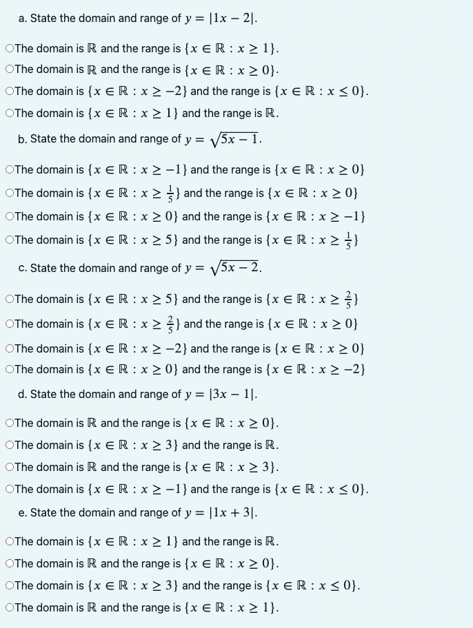 Solved a. State the domain and range of y = |1x – 2). The | Chegg.com