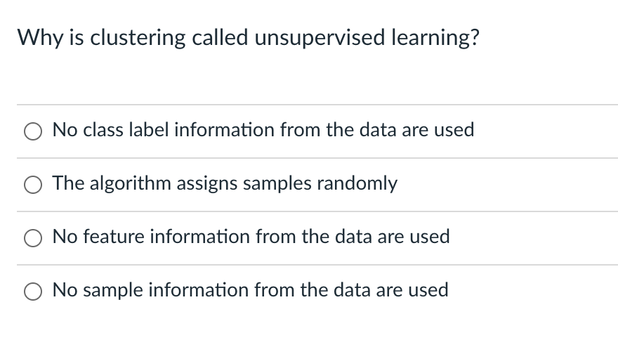 Solved Why is clustering called unsupervised learning? No | Chegg.com