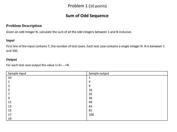 Solved Problem 1 (10 points) Sum of Odd Sequence Problem | Chegg.com