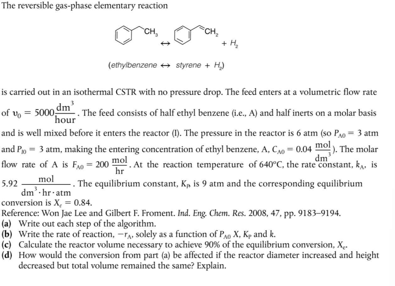 The reversible gas-phase elementary reaction CHE CH, | Chegg.com