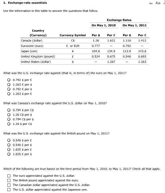 Solved 1. Exchange-rate essentials Aa Aa Use the information | Chegg.com