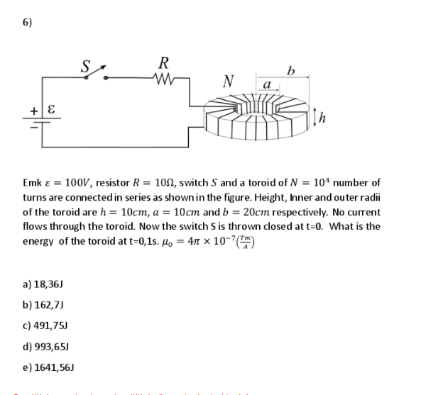 Solved 6) S R M b N + E I Emk ε = 100V, resistor R = 101, | Chegg.com
