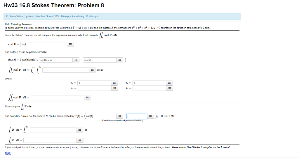 Solved Hw33 16.8 Stokes Theorem: Problem 8 Problem Value 1 | Chegg.com