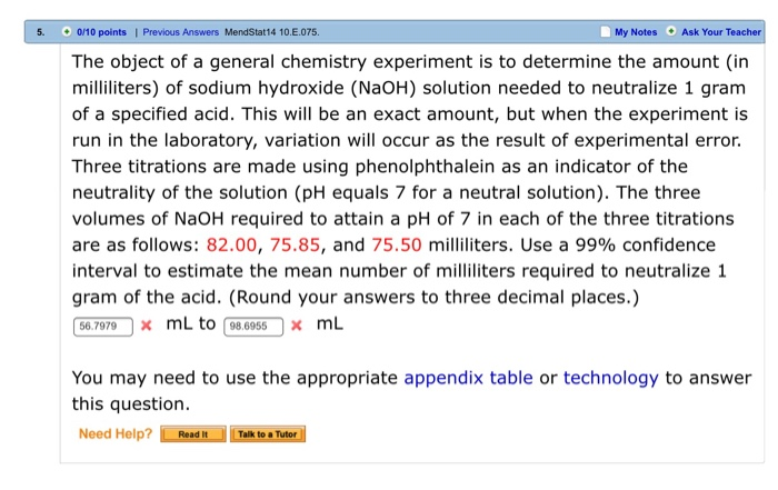 Solved + 0/10 points Previous Answers MendStat14 10.Ε.075. | Chegg.com