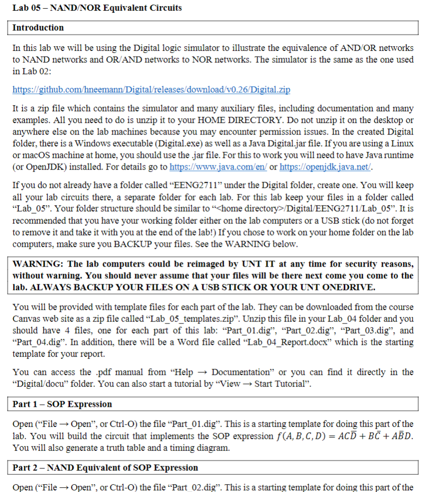Lab 05 - NAND/NOR Equivalent Circuits Introduction In | Chegg.com