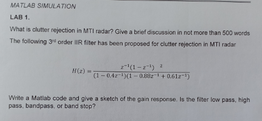 Solved MATLAB SIMULATION LAB 1 What is clutter rejection in | Chegg.com