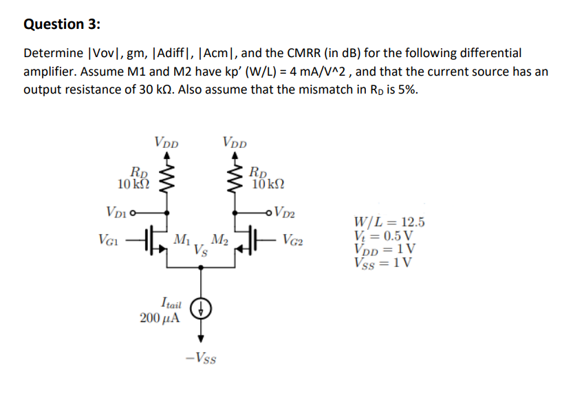 Solved Question 3: Determine Vov, gm, |Adiff|, |Acm, and the | Chegg.com