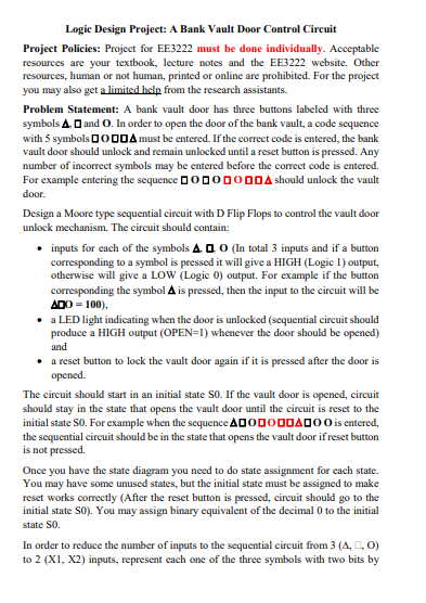 Solved Logic Design Project: A Bank Vault Door Control | Chegg.com
