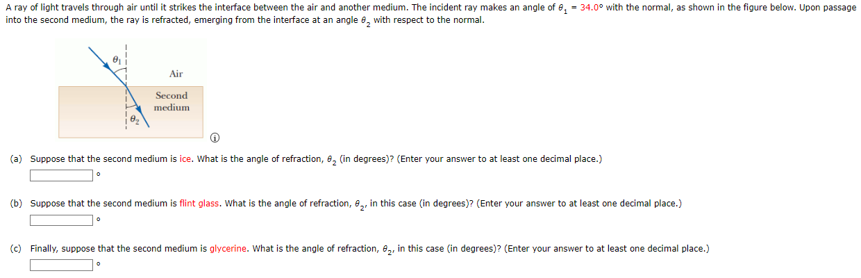 Solved A ray of light travels through air until it strikes | Chegg.com