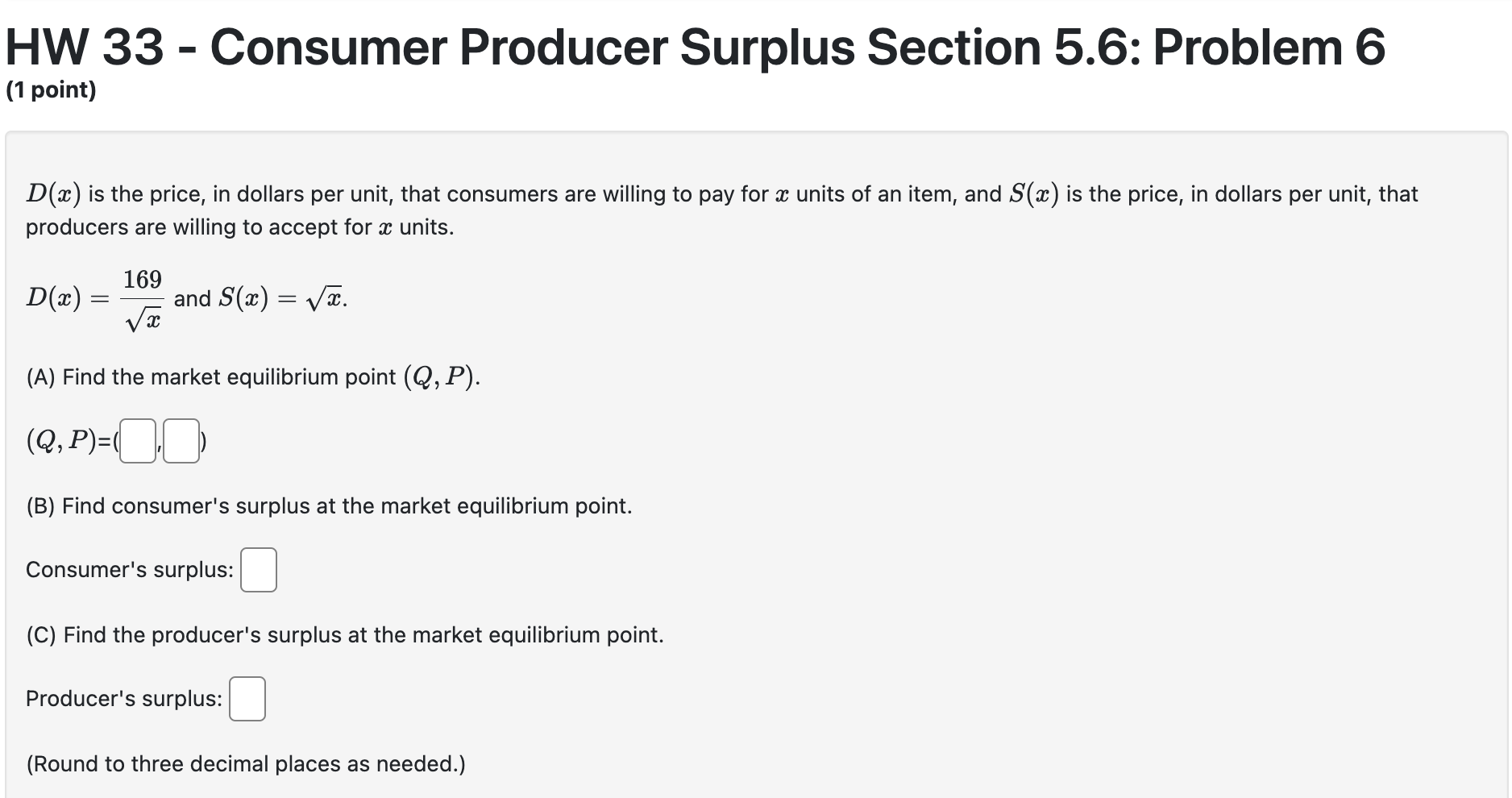 Solved HW 33 - Consumer Producer Surplus Section 5.6: | Chegg.com