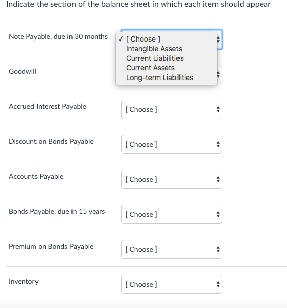 Solved Indicate the section of the balance sheet in which | Chegg.com