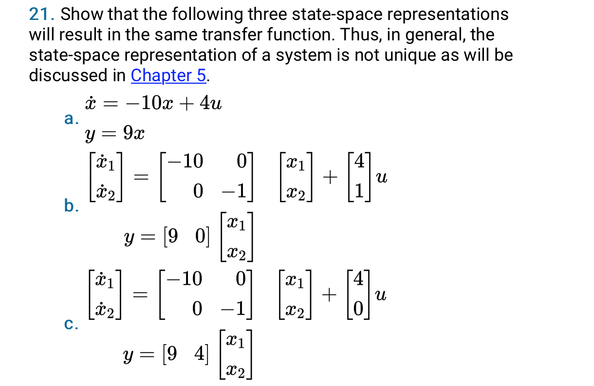 Solved 21. Show that the following three state-space | Chegg.com