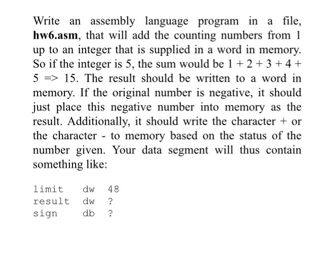 Solved Write an assembly language program in a file, hw6 | Chegg.com
