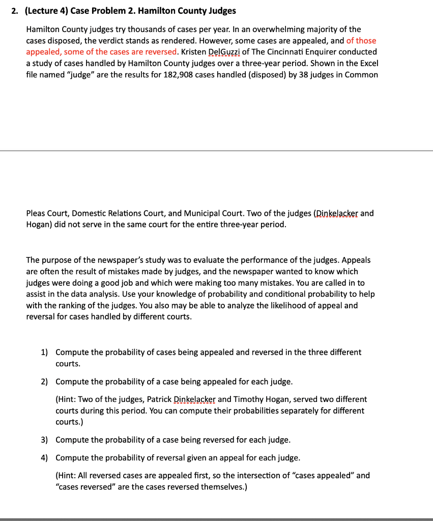 Solved 2. (Lecture 4) Case Problem 2. Hamilton County Judges | Chegg.com