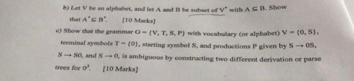 Solved b) Let V be an alphabet, and let A and B be subset of | Chegg.com