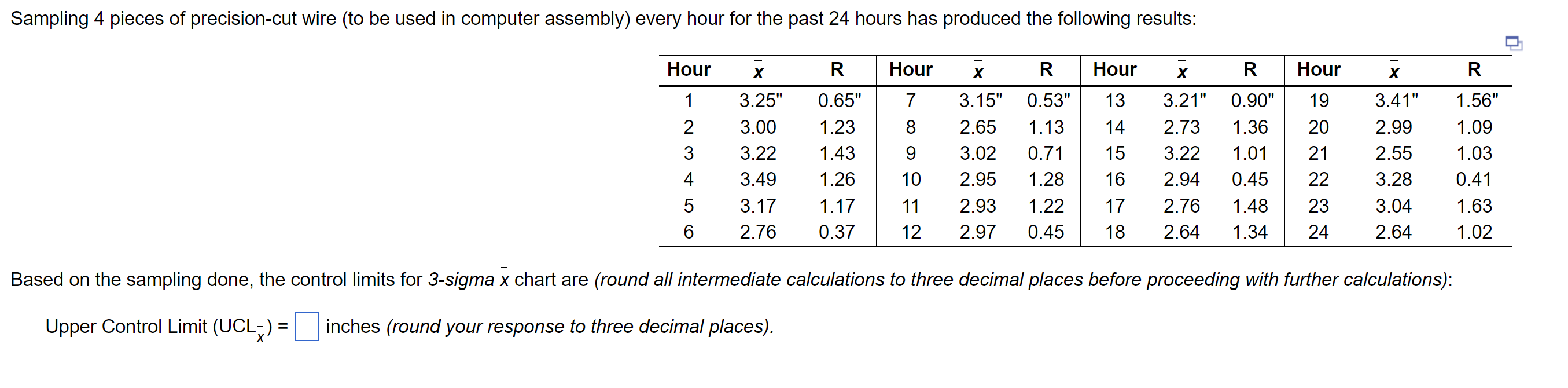 Solved Upper Control Limit (UCLxˉ−)= inches (round your | Chegg.com
