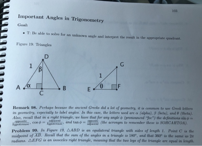 Solved 103 Important Angles in Trigonometry Goal: ·T : Be | Chegg.com