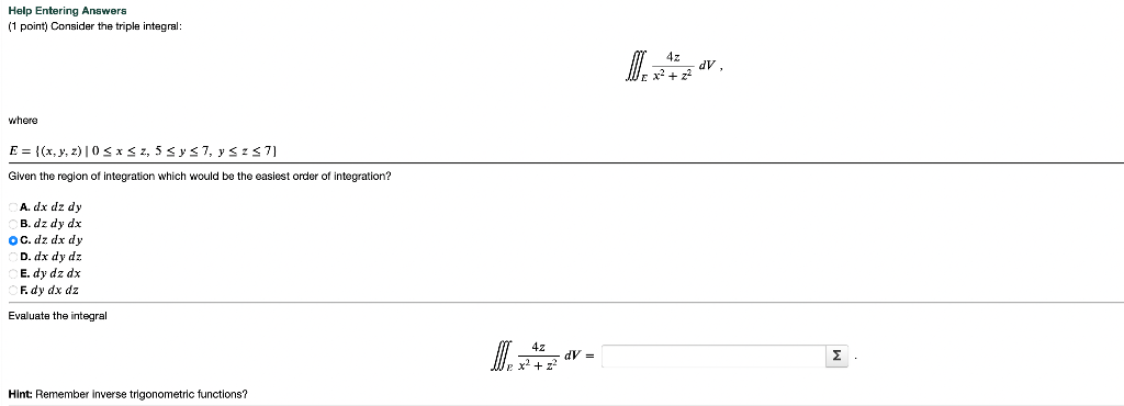 Solved Help Entering Answers (1 point) Consider the triple | Chegg.com
