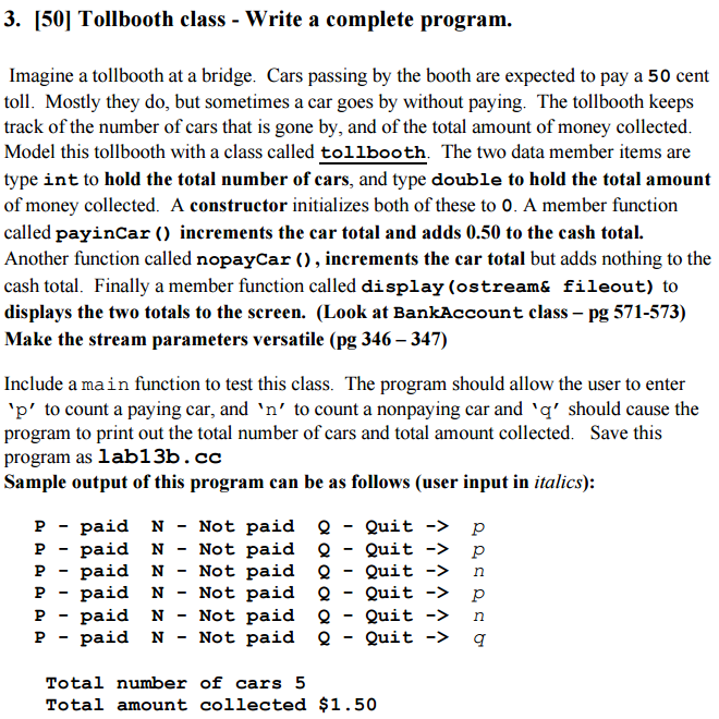 [50] ﻿Tollbooth class - ﻿Write a complete | Chegg.com