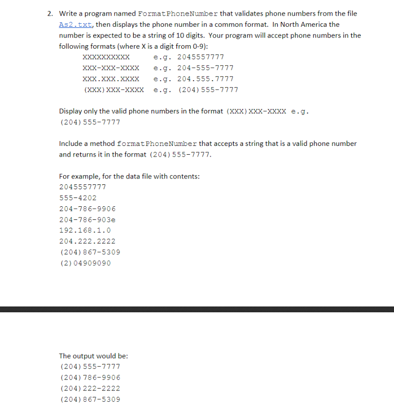 2. Write a program named Format Phone Number that | Chegg.com