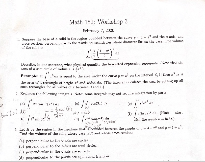 Solved Math 152: Workshop 3 February 7, 2020 1. Suppose the | Chegg.com
