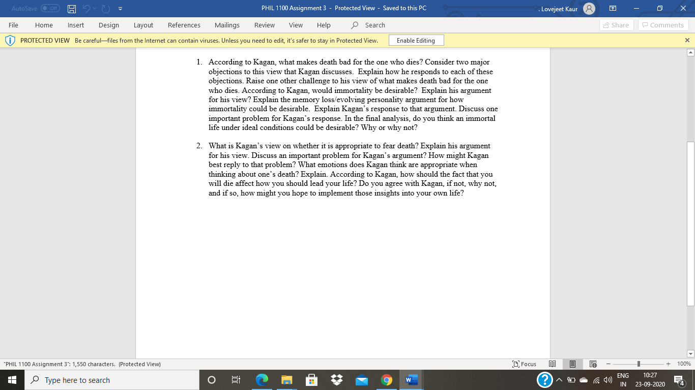 AutoSave H PHIL 1100 Assignment 3 - Protected View - | Chegg.com