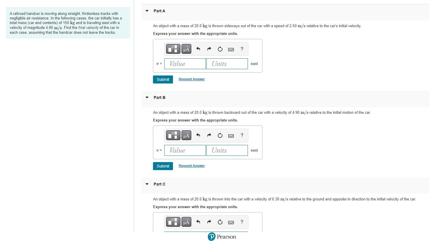 Solved A railroad handcar is moving along straight, | Chegg.com