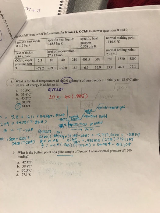 Solved 17.p J the following set of information for freon-11, | Chegg.com