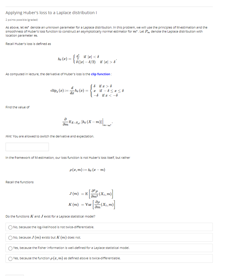 Applying Huber's loss to a Laplace distribution 2 | Chegg.com