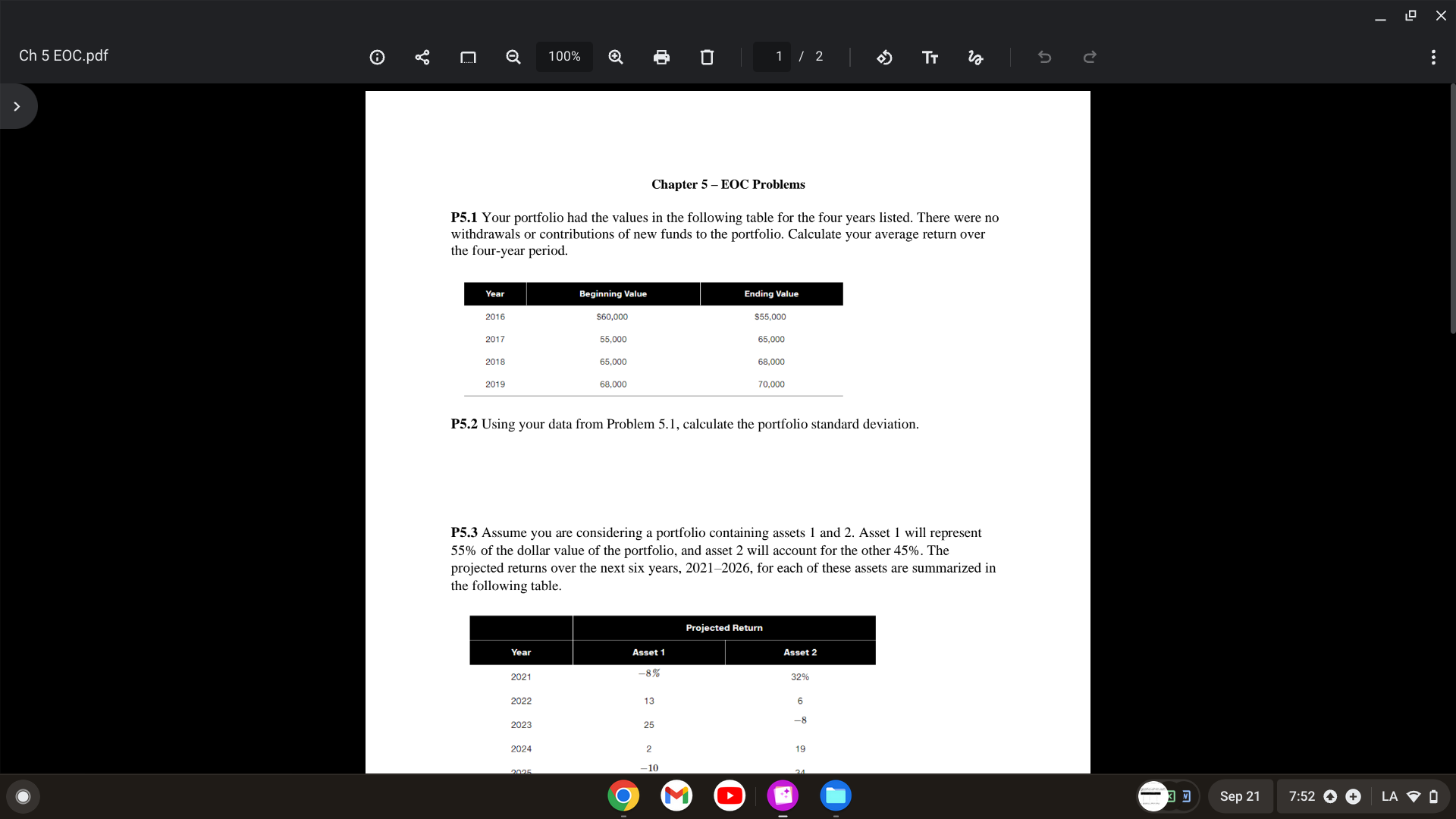 Solved P5.1 Your portfolio had the values in the following | Chegg.com