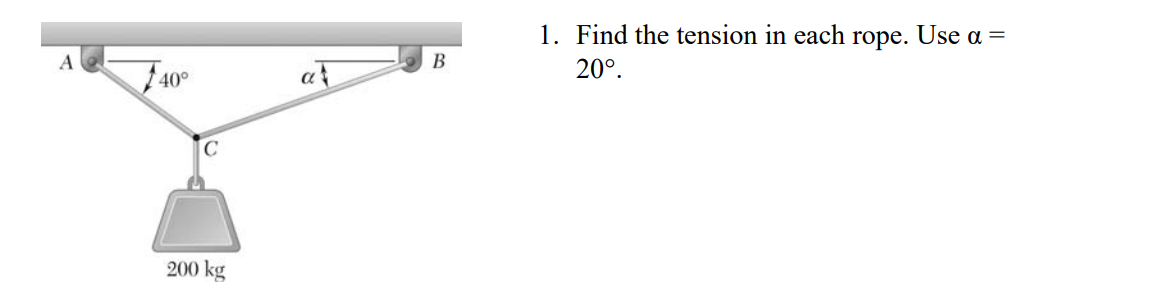 Solved = 1. Find the tension in each rope. Use a 20°. A B | Chegg.com