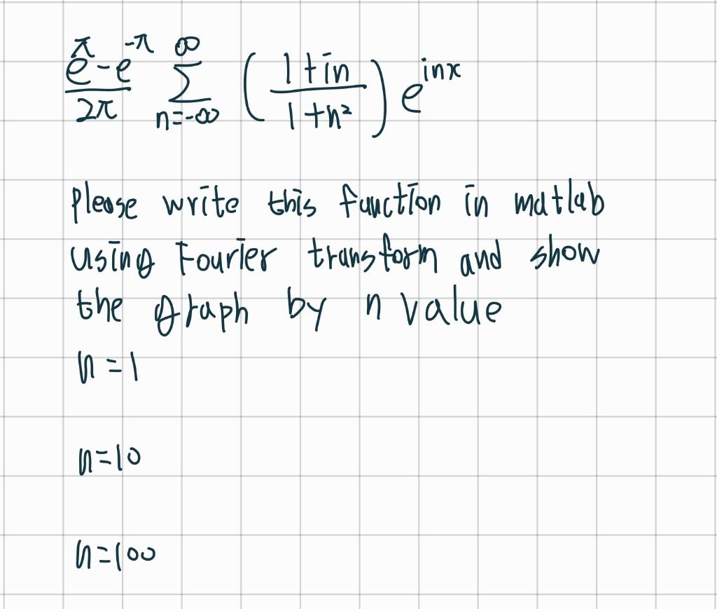 Solved 2πe−e−π∑n=−∞∞(1+n21+in)einx Pleose write this | Chegg.com