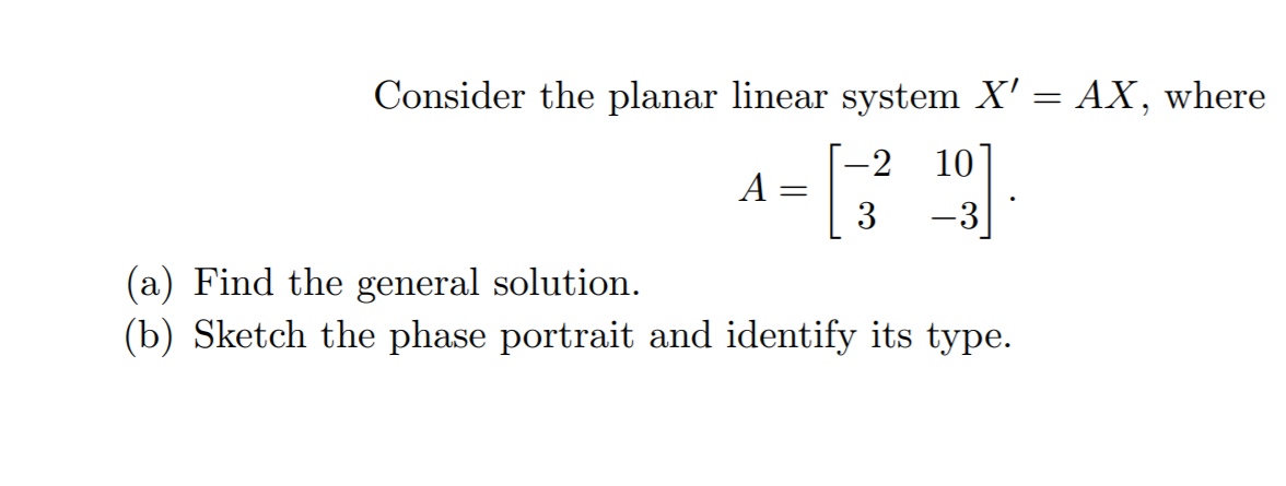 Solved Consider the planar linear system X' = AX, where A = | Chegg.com