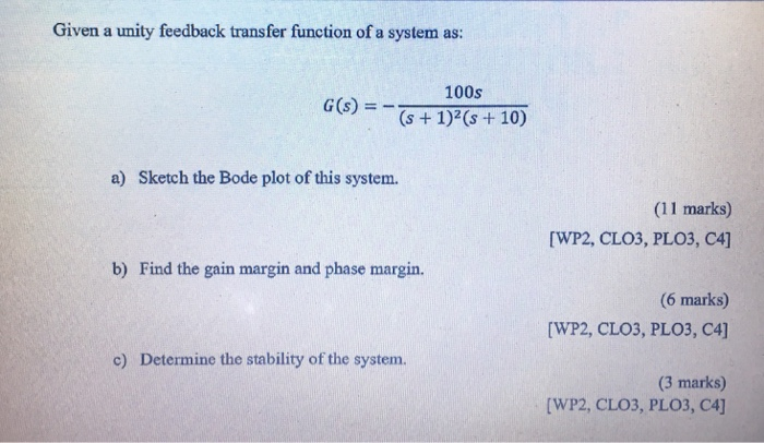Solved Given a unity feedback transfer function of a system | Chegg.com