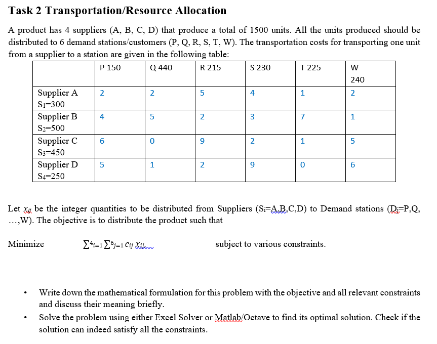 Solved Task 2 Transportation/Resource Allocation A product | Chegg.com
