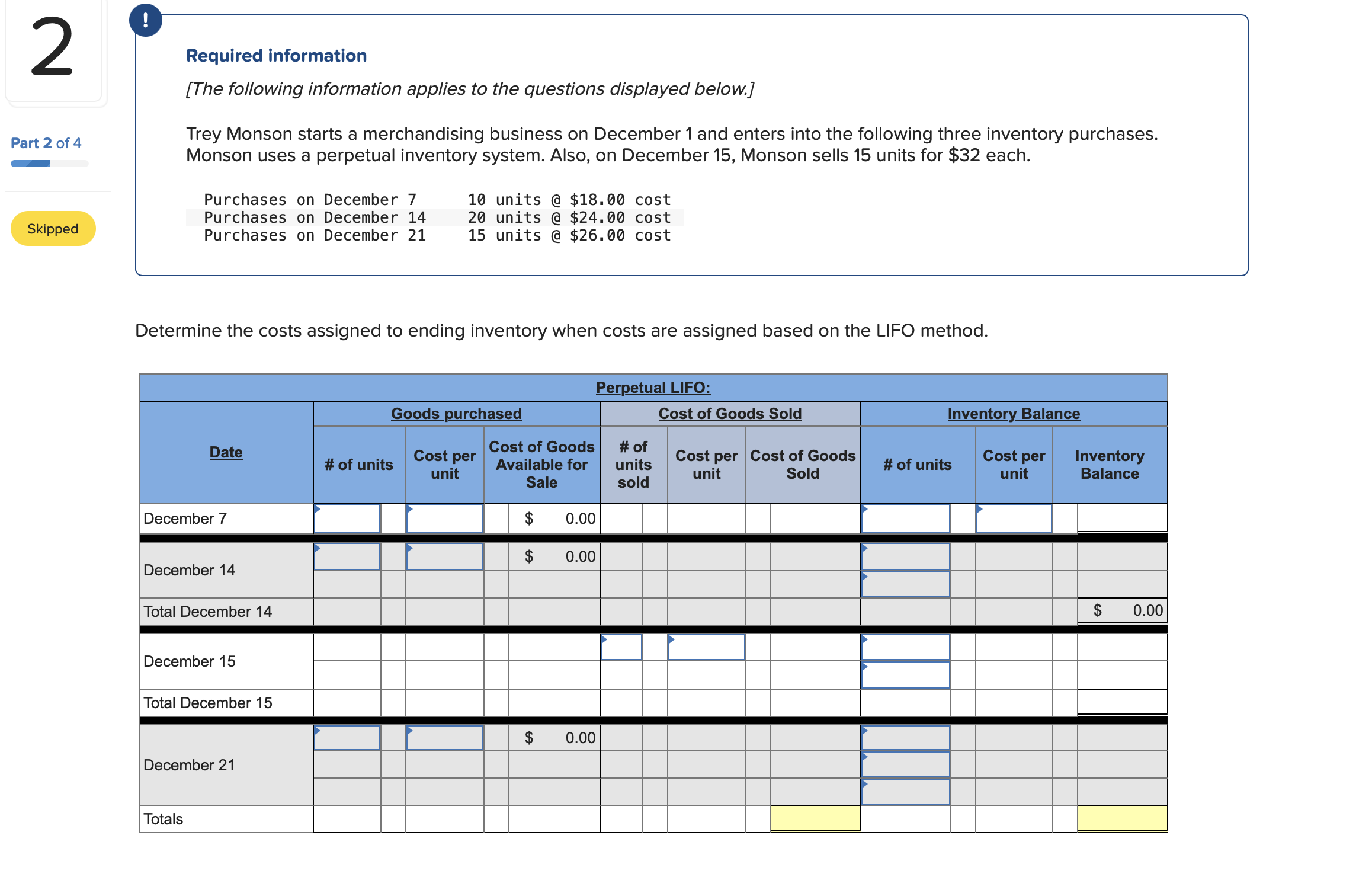 Solved 2!Part 2 ﻿of 4SkippedRequired information[The | Chegg.com