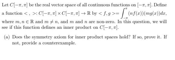 Solved Let C[−π,π] be the real vector space of all | Chegg.com