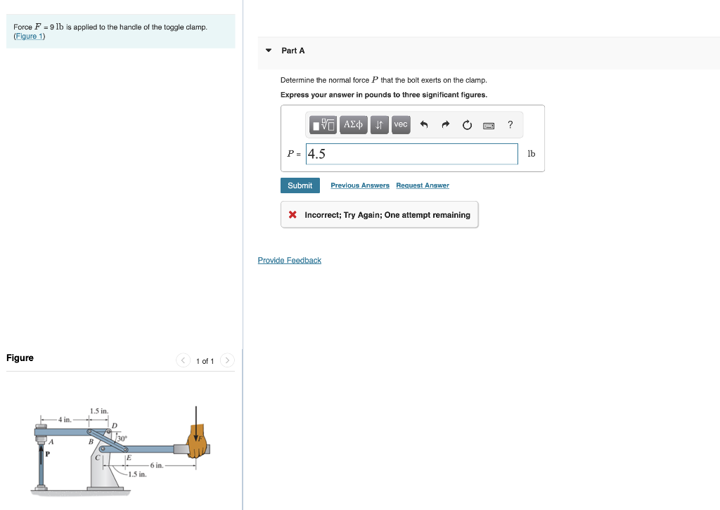 Solved Force F = 9 lb is applied to the handle of the toggle | Chegg.com