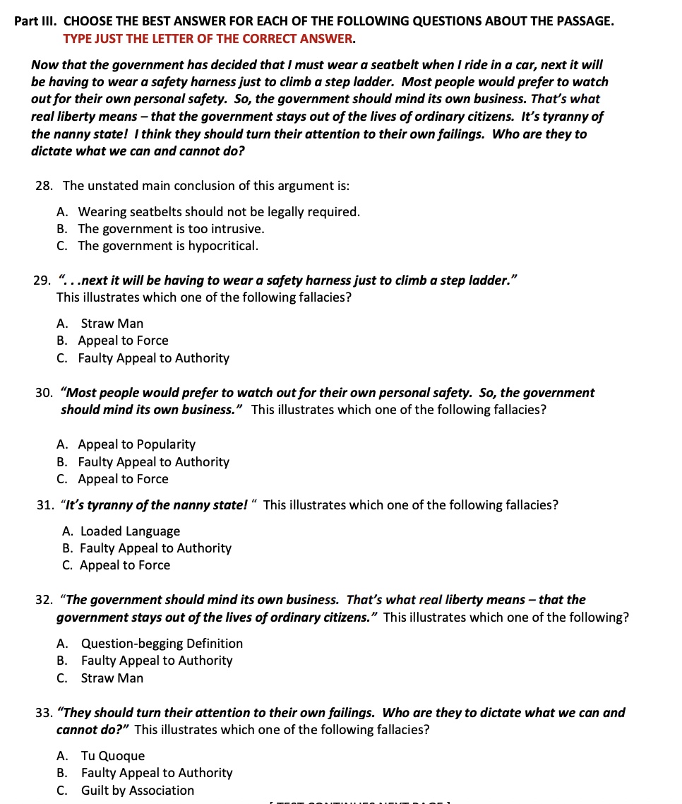 Part III. CHOOSE THE BEST ANSWER FOR EACH OF THE | Chegg.com